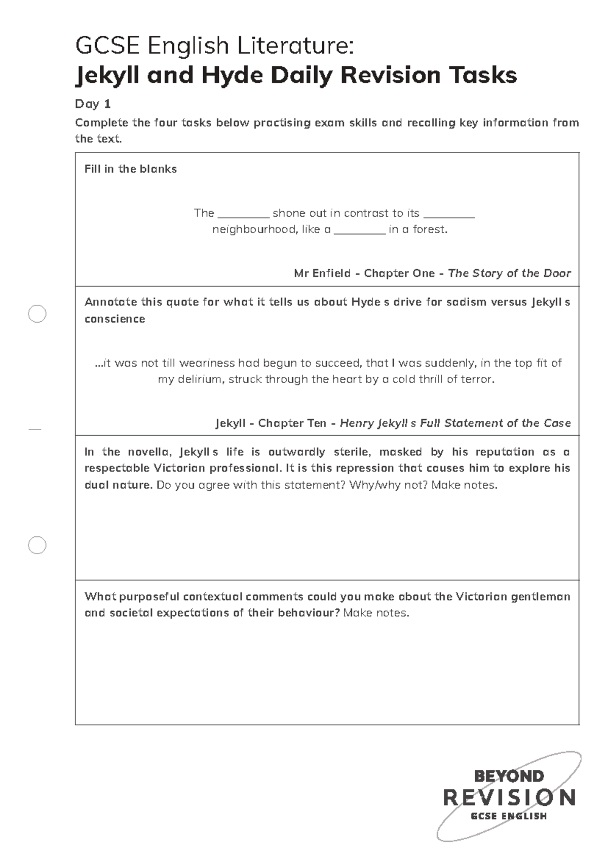 GCSE English Literature: Jekyll and Hyde Daily Revision Tasks (Days 1 ...
