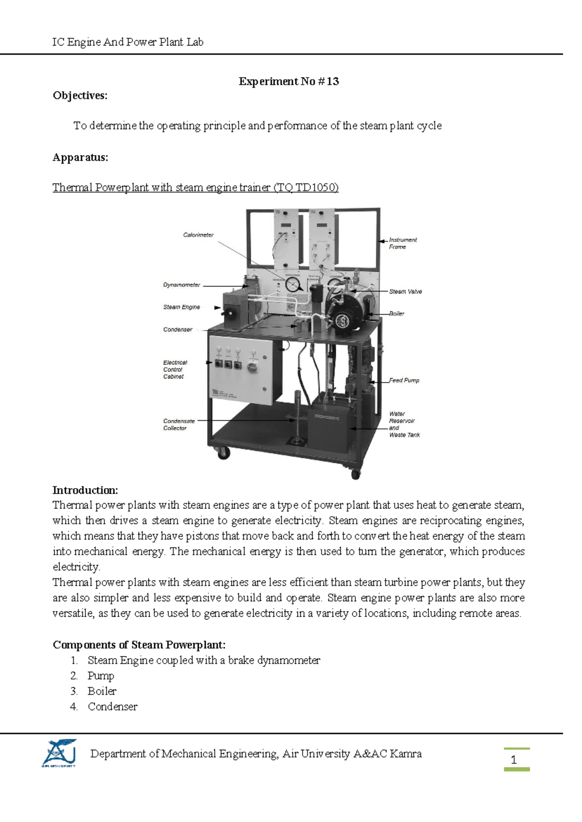 IC Engine & Power Plant Lab: Steam Plant Cycle Experiment 13 - Studocu