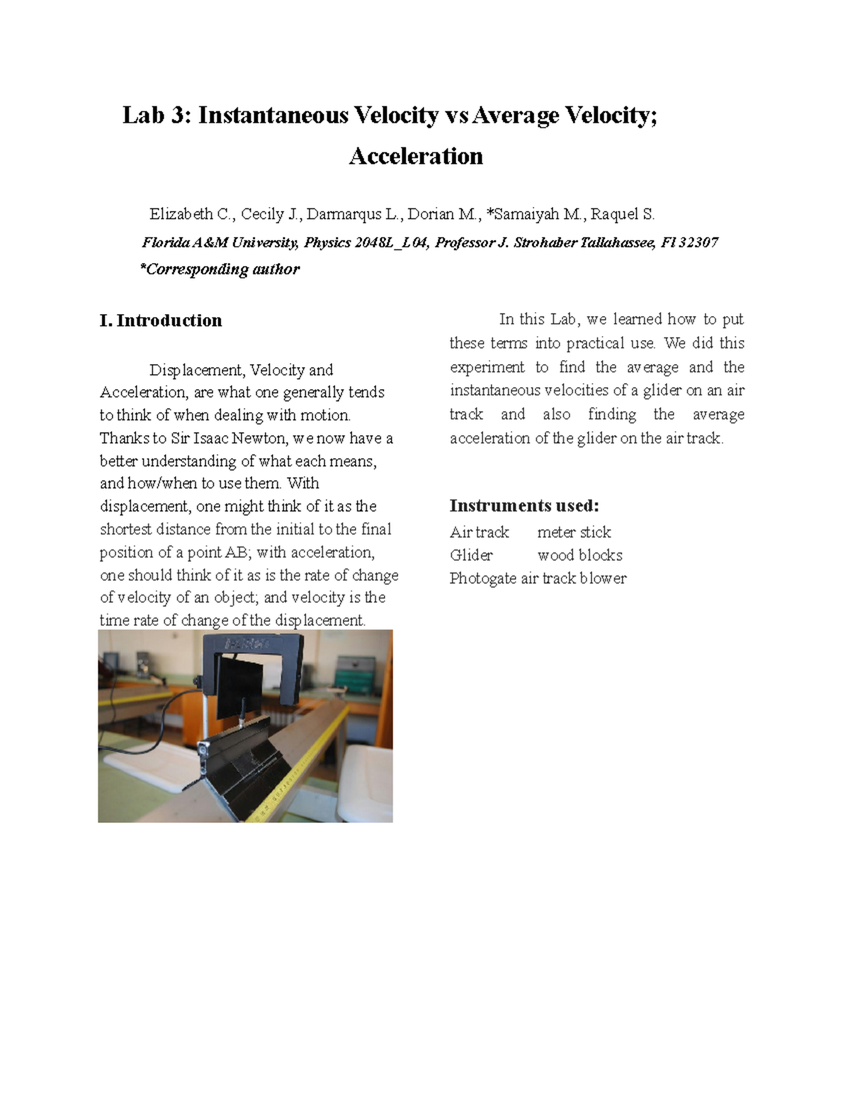 Lab 3: Avg vs Instantaneous Velocity & Acceleration - Physics 2048L ...