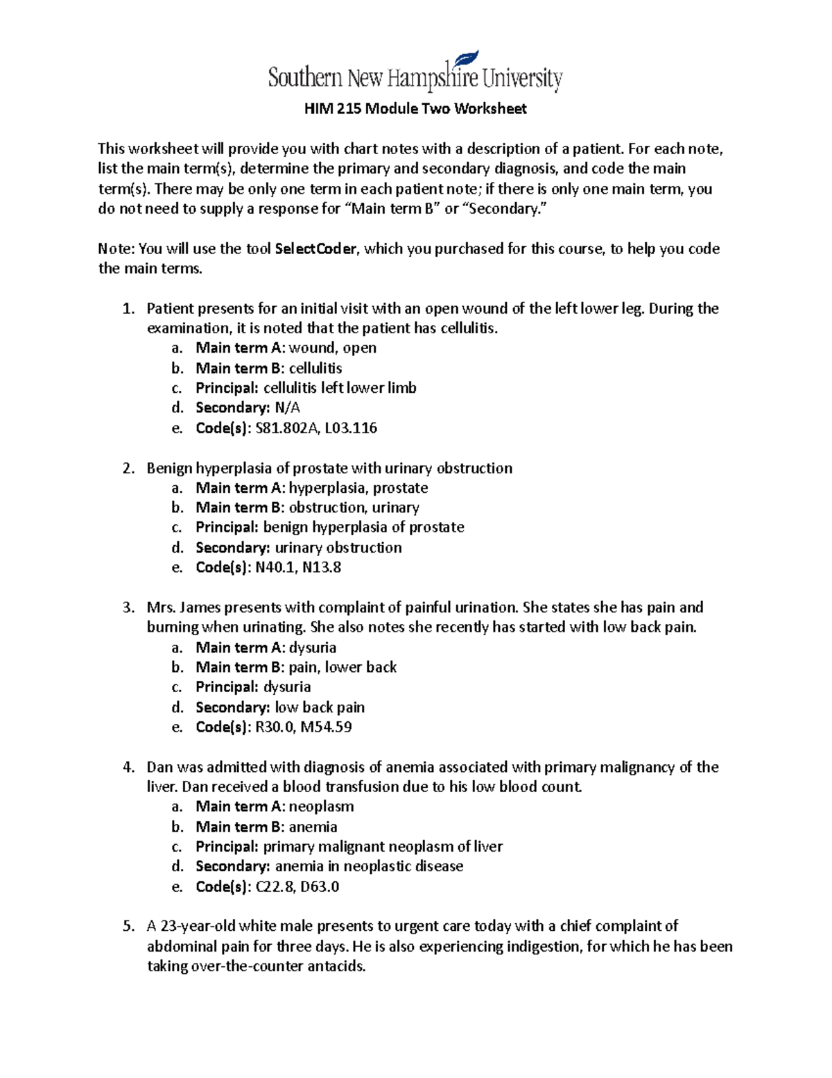HIM 215 Module Two Worksheet - Patient Chart Notes & Coding - Studocu