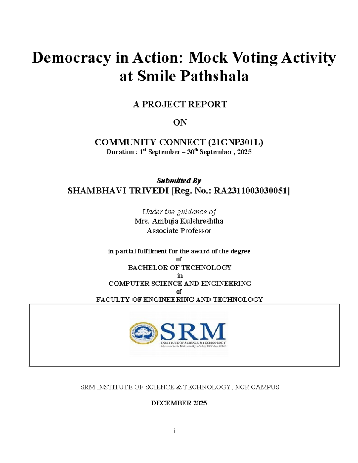 Community Connect Project Report: Mock Voting Activity (21GNP301L ...