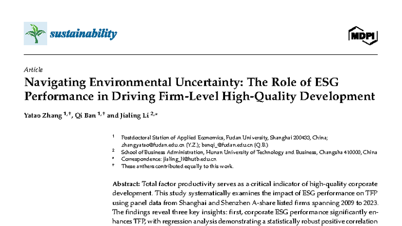 Sustainability 2025: ESG Performance and Total Factor Productivity ...