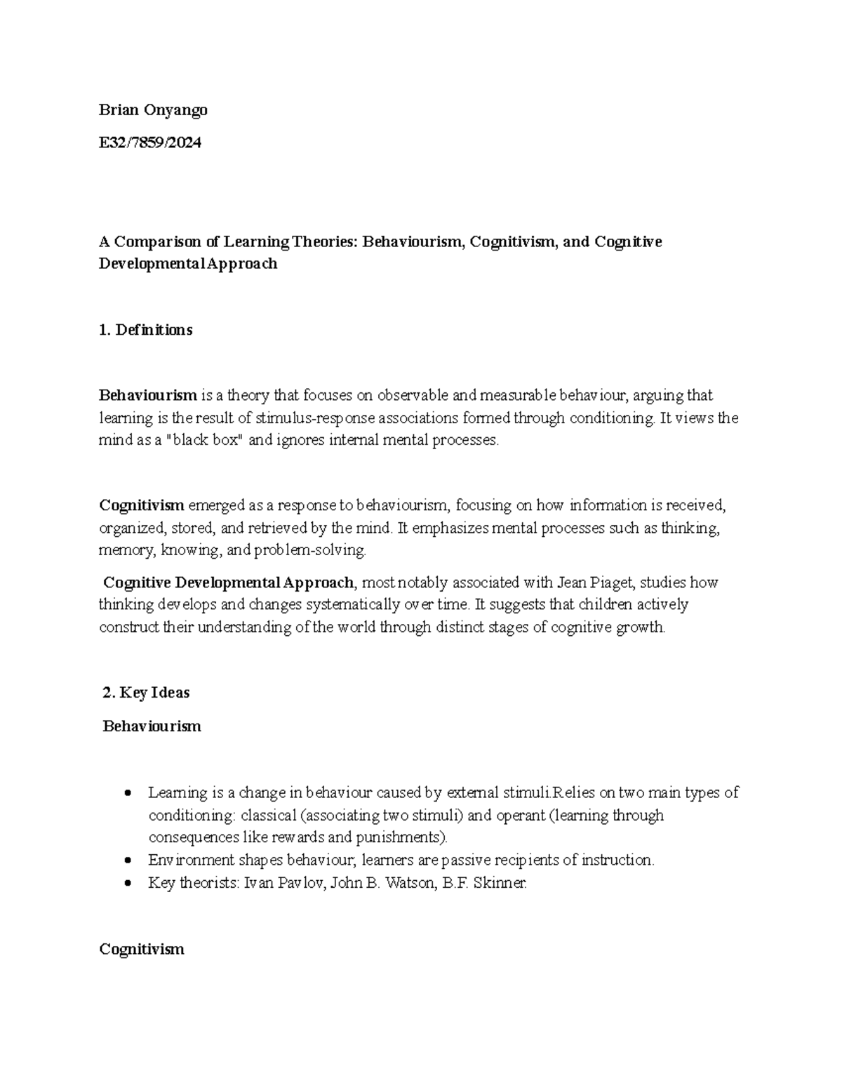 CPY Assignment: Comparing Learning Theories - Behaviorism, Cognitivism ...