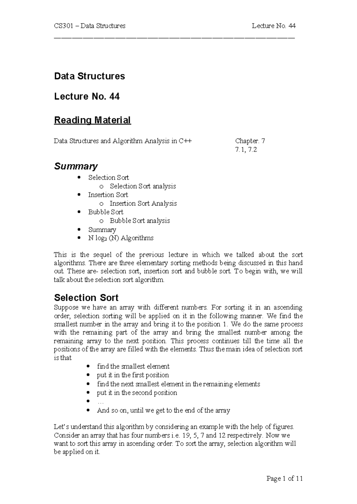 CS301 Data Structures Lecture 44: Sorting Algorithms Overview - Studocu