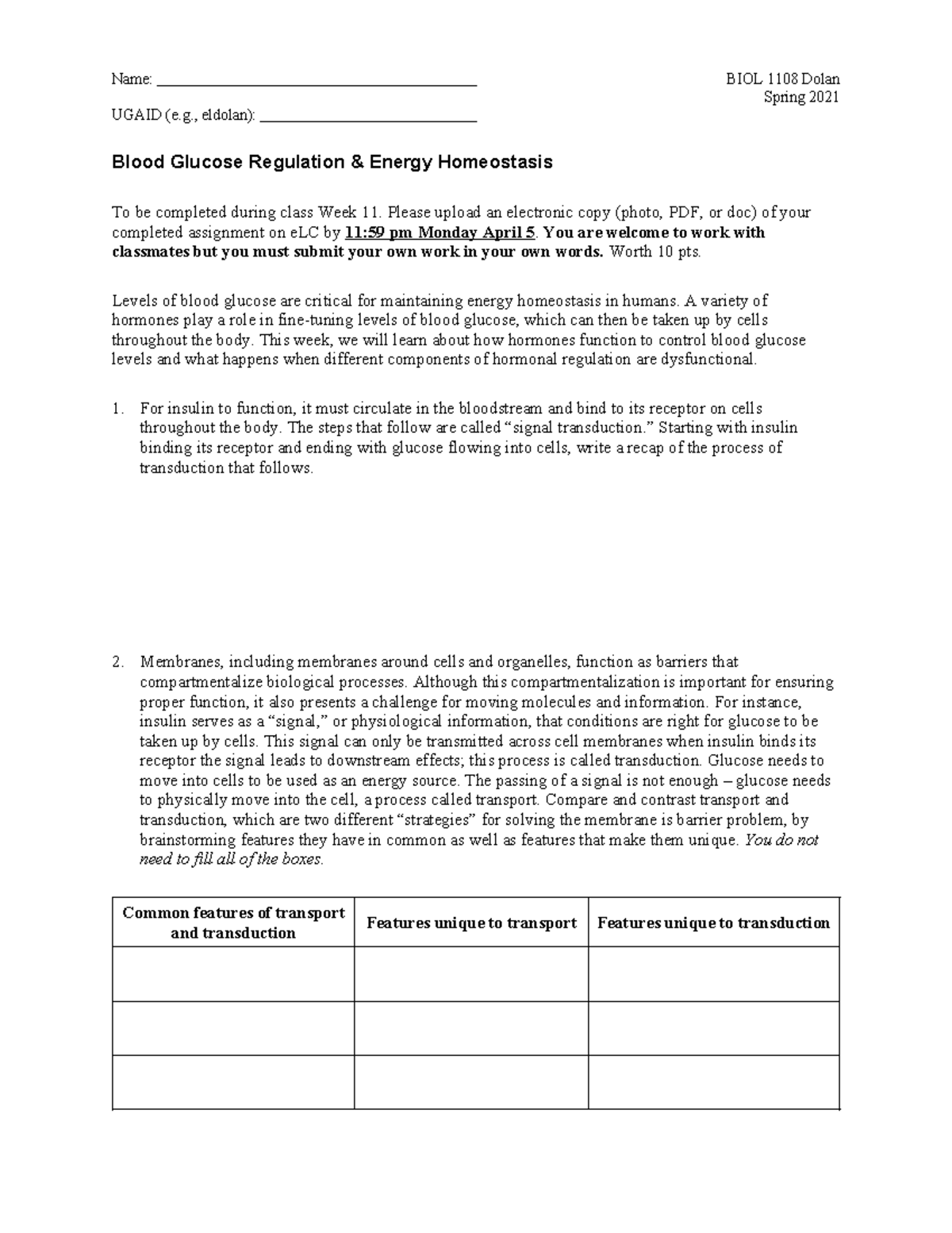 Blood Glucose Regulation & Energy Homeostasis - BIOL 1108 - Name: BIOL ...