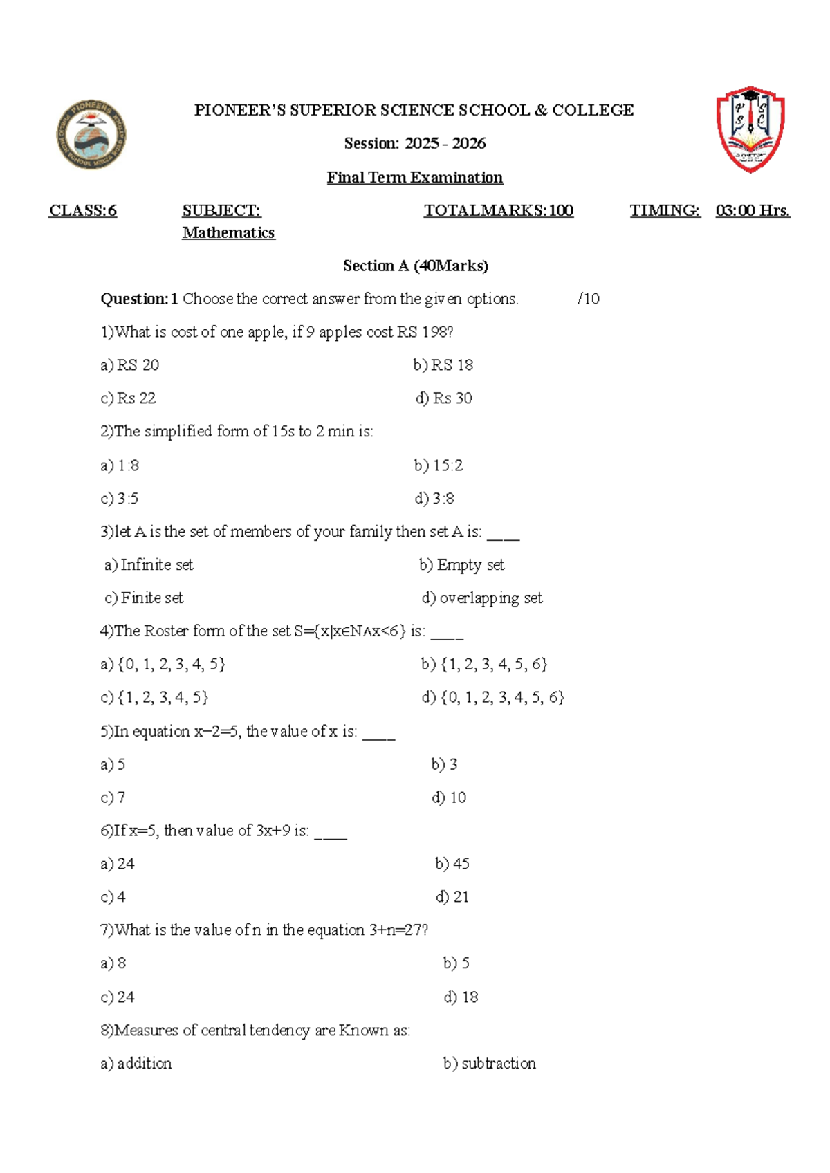 Maths Class 6 Final Term Exam 2025-2026 - Total Marks: 100 - Studocu
