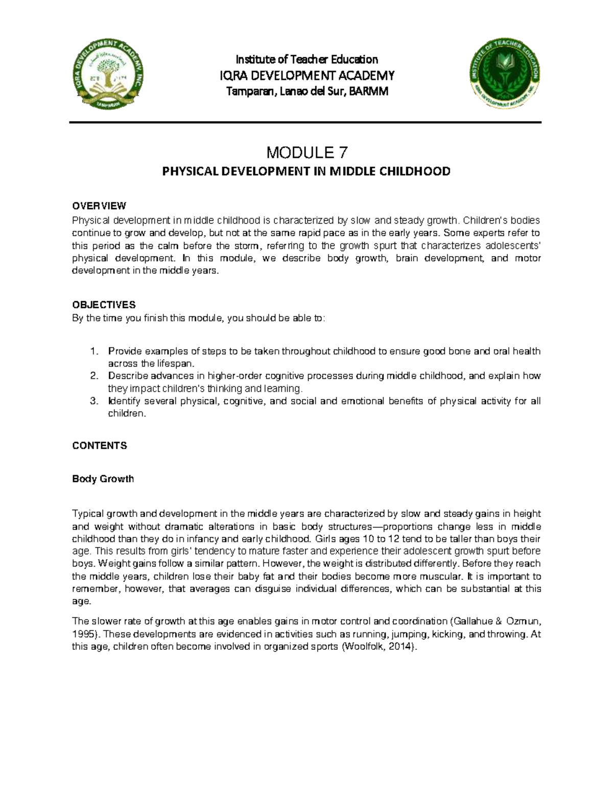 PHED 101: Module 7 - Physical Development in Middle Childhood - Studocu