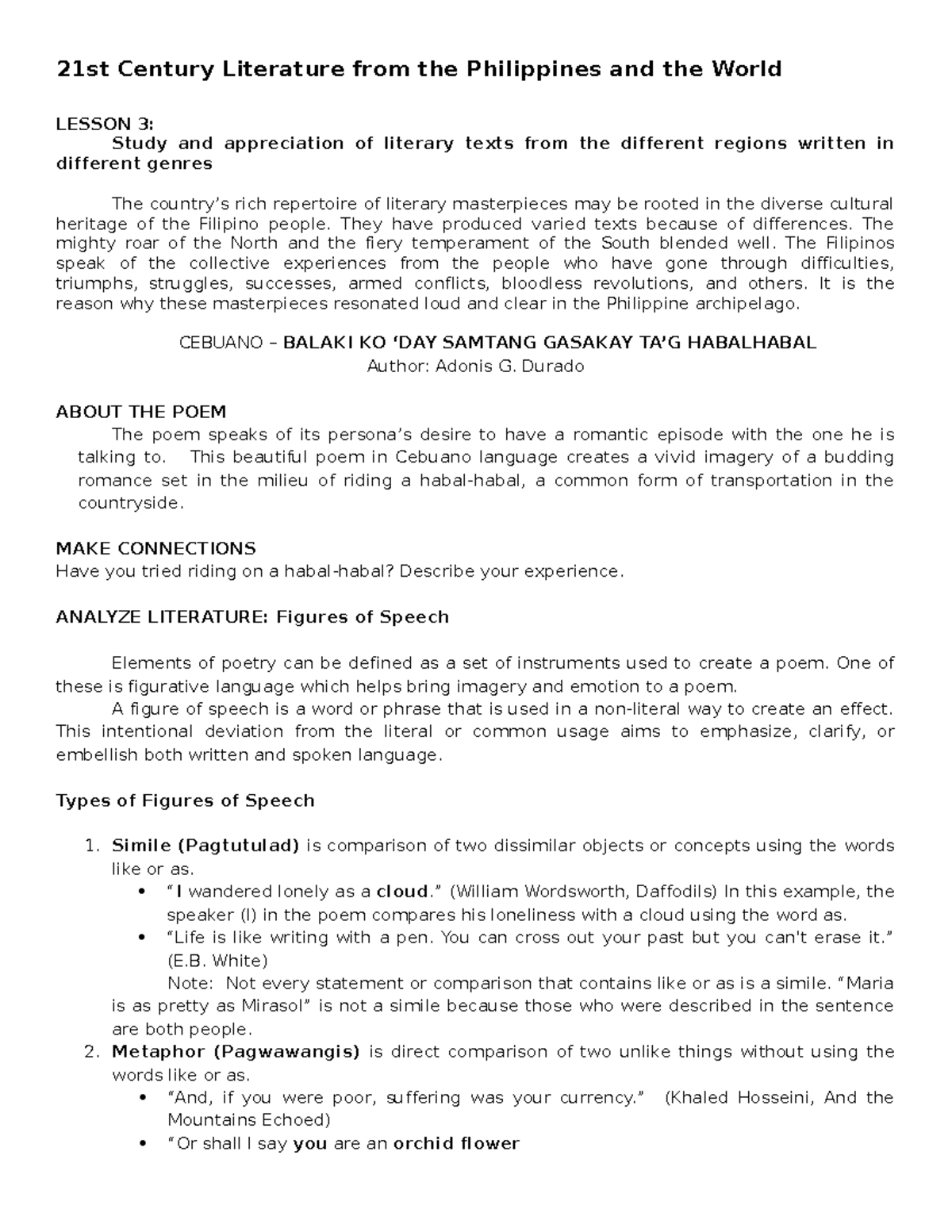 Lesson 3: Analyzing Figures of Speech in 21st Century Literature - Studocu