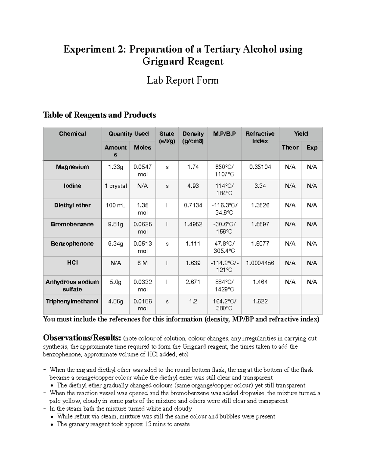 Orgo lab 2 report copy - Experiment 2: Preparation of a Tertiary ...