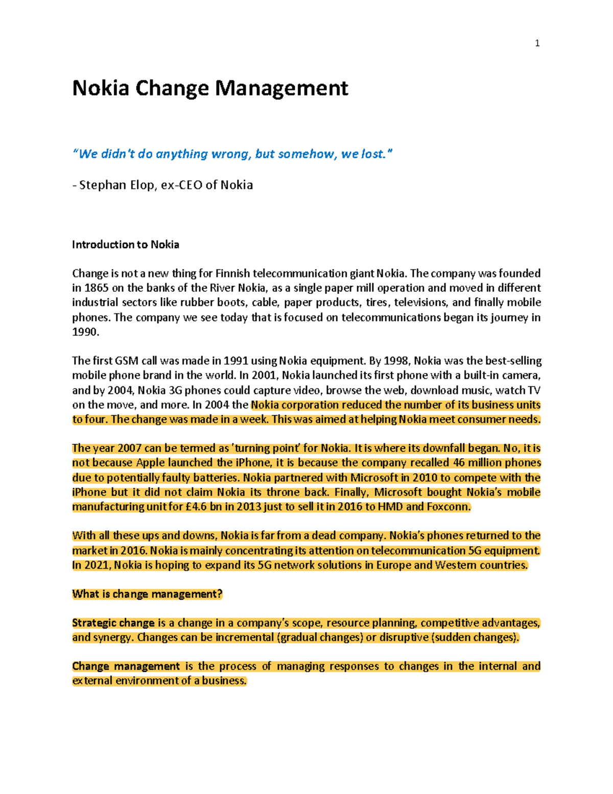 Case Study (Nokia) - Analyzing Change Management Failures - Studocu