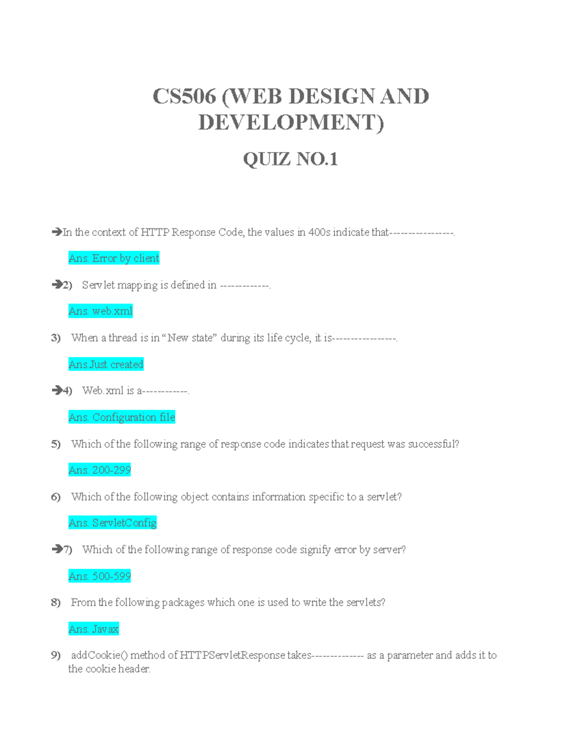 CS506 quiz 1 - CS506 (WEB DESIGN AND DEVELOPMENT) QUIZ NO. In the context of HTTP Response Code ...