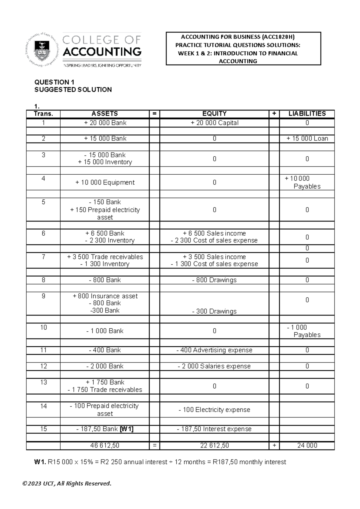 ACC1020H: Practice Tutorial Solutions W1 & W2 in Financial Accounting ...
