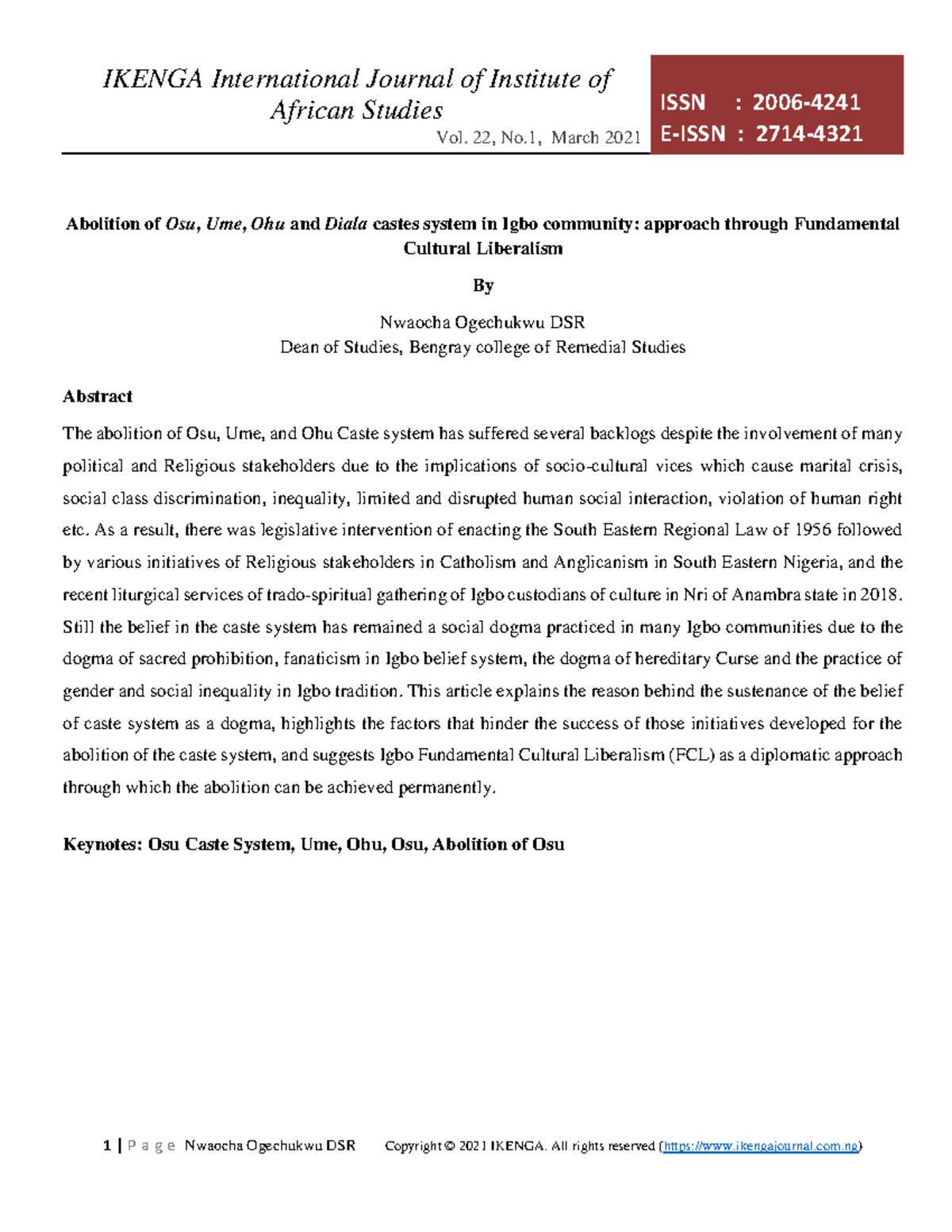 Abolition of Osu, Ume, and Ohu Caste System in Igbo Society: A Cultural ...