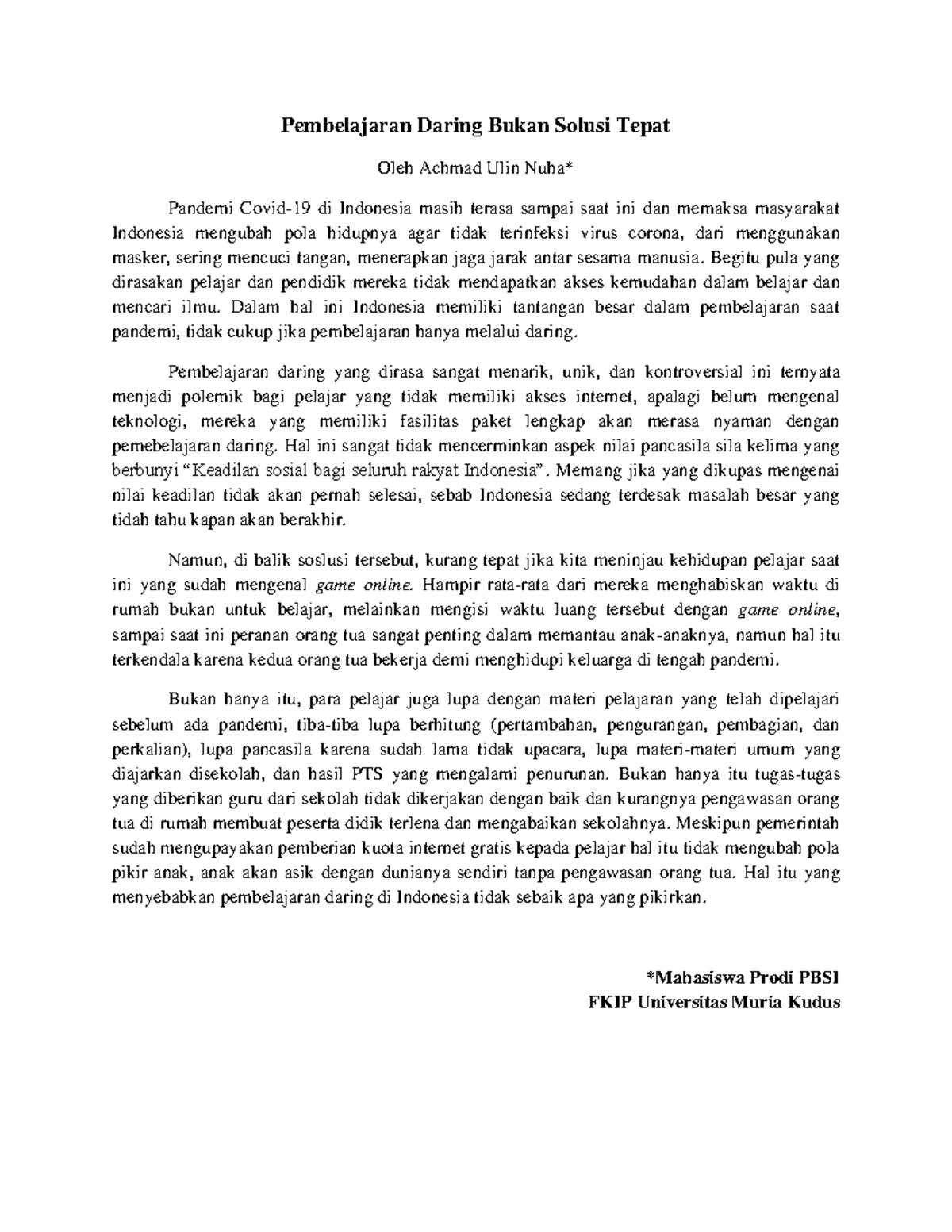 Contoh penulisan opini 2 - Pembelajaran Daring Bukan Solusi Tepat Oleh ...