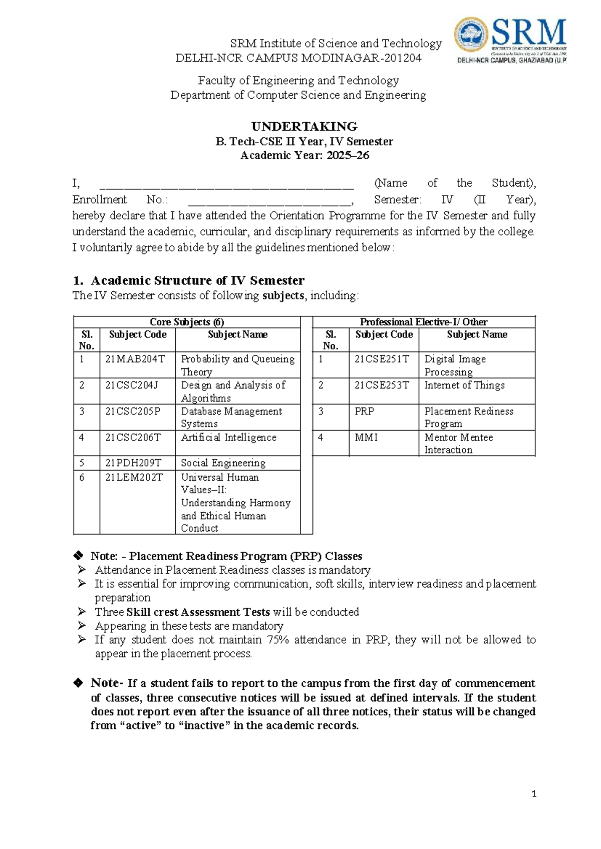 Undertaking for IV Semester B.Tech CSE - SRM Institute - Studocu