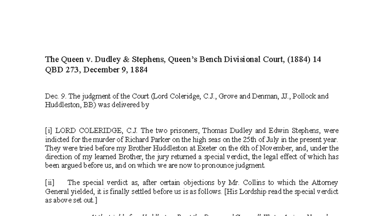 R v Dudley and Stephens: Legal Judgment Analysis (QBD 1884) - Studocu