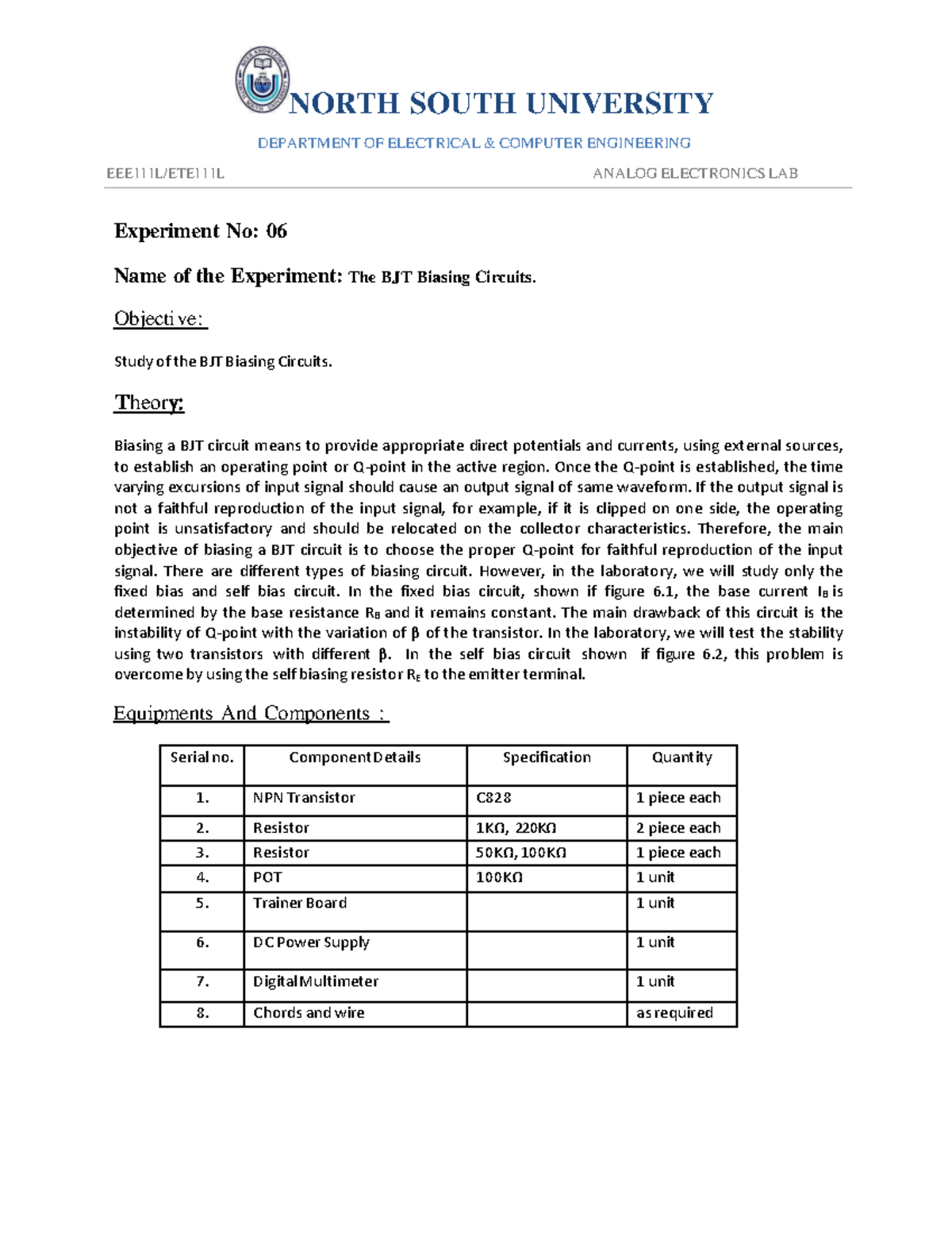 EEE111L - Lab Report on BJT Biasing Circuits (Experiment 6) - Studocu
