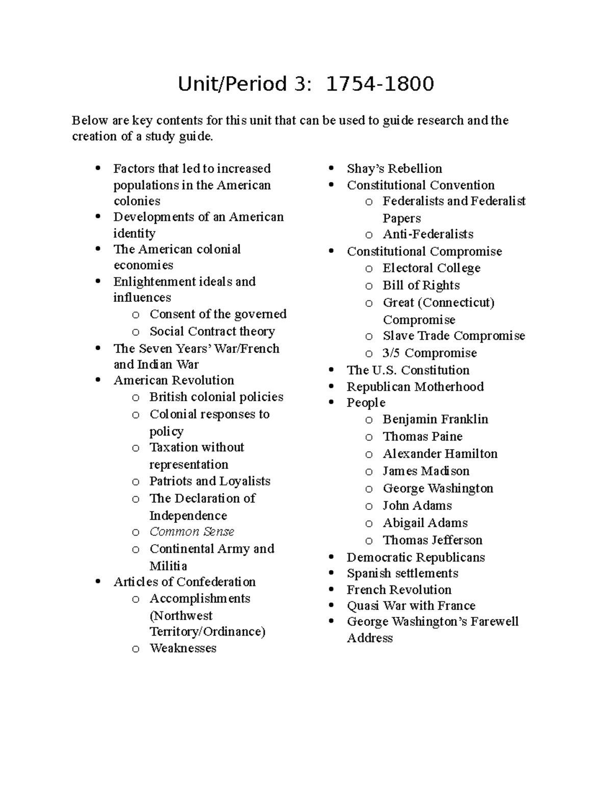 Unit 3 Study Guide: American History 1754-1800 Overview - Studocu