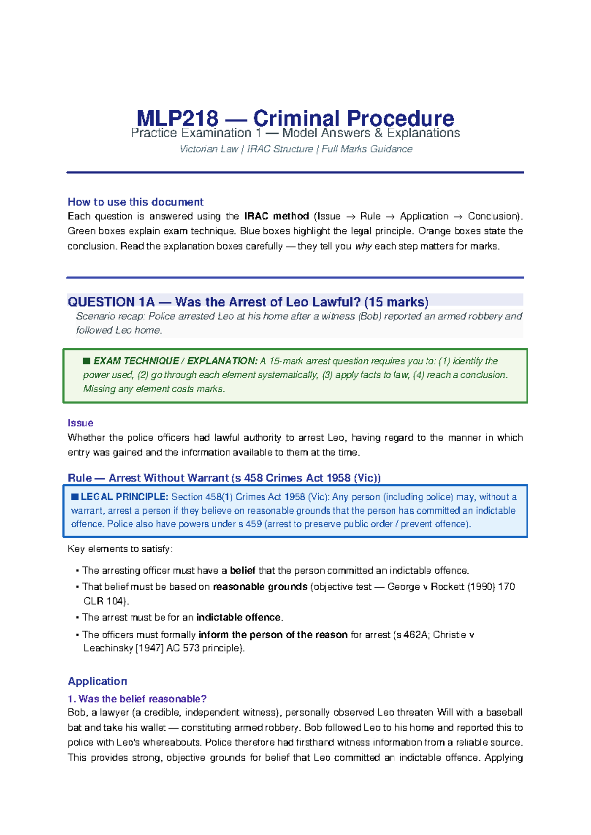 MLP218 Criminal Procedure Practice Exam 1 Model Answers & Guidance ...
