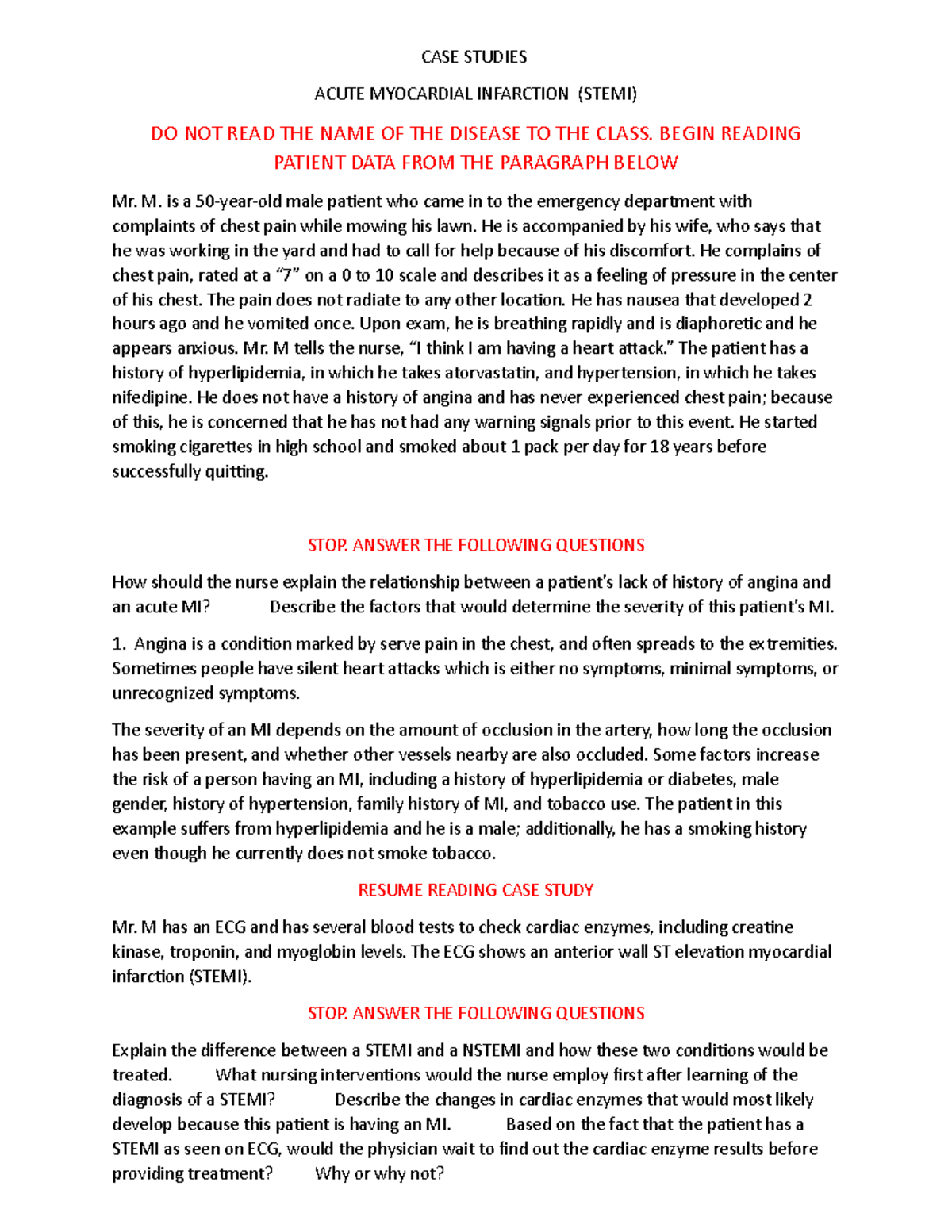 Case Study on Acute Myocardial Infarction (STEMI) Insights - Studocu