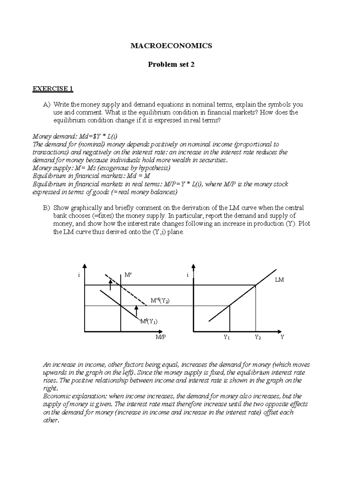 MACROECONOMICS Problem Set 2: Money Supply, Demand, and Equilibrium Analysis - Studocu