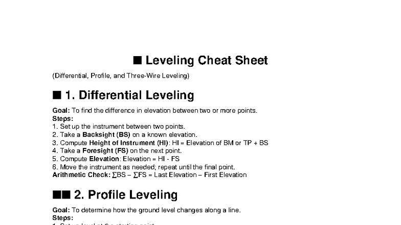 Leveling Cheat Sheet - Good for Civil Engineering Student - n Leveling ...