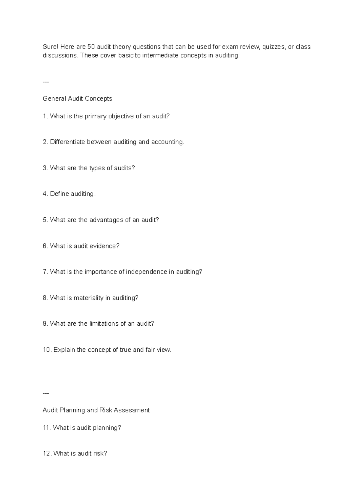 Audit theory questions for exam review and class discussions - Studocu