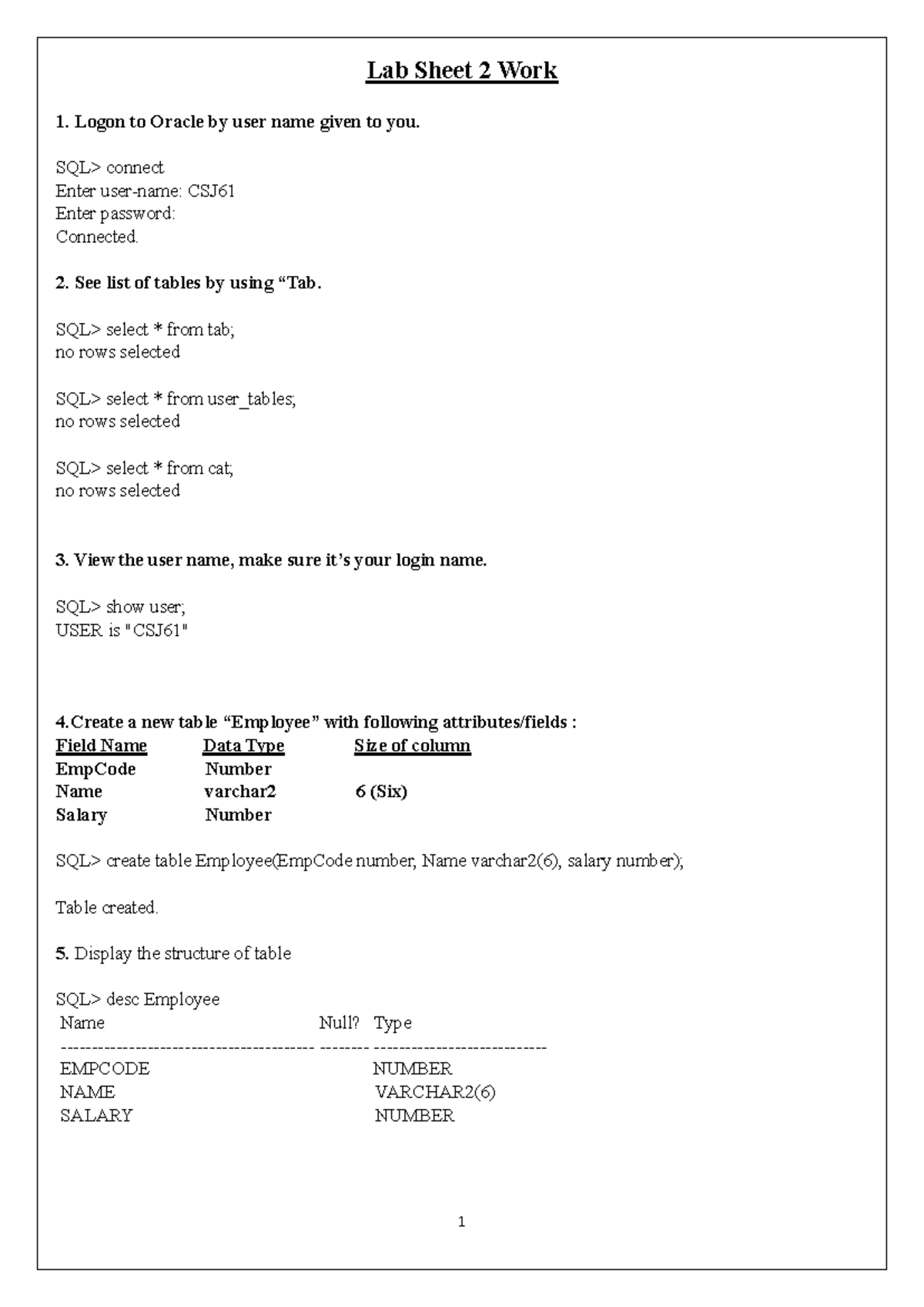 DBMS Practical Lab sheet - Lab Sheet 2 Work Logon to Oracle by user ...