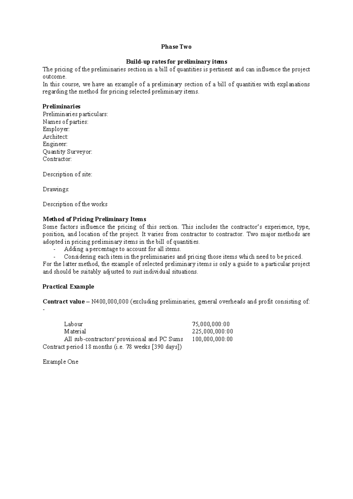 Tendering and Estimating 111: Phase Two Rates for Preliminaries - Studocu