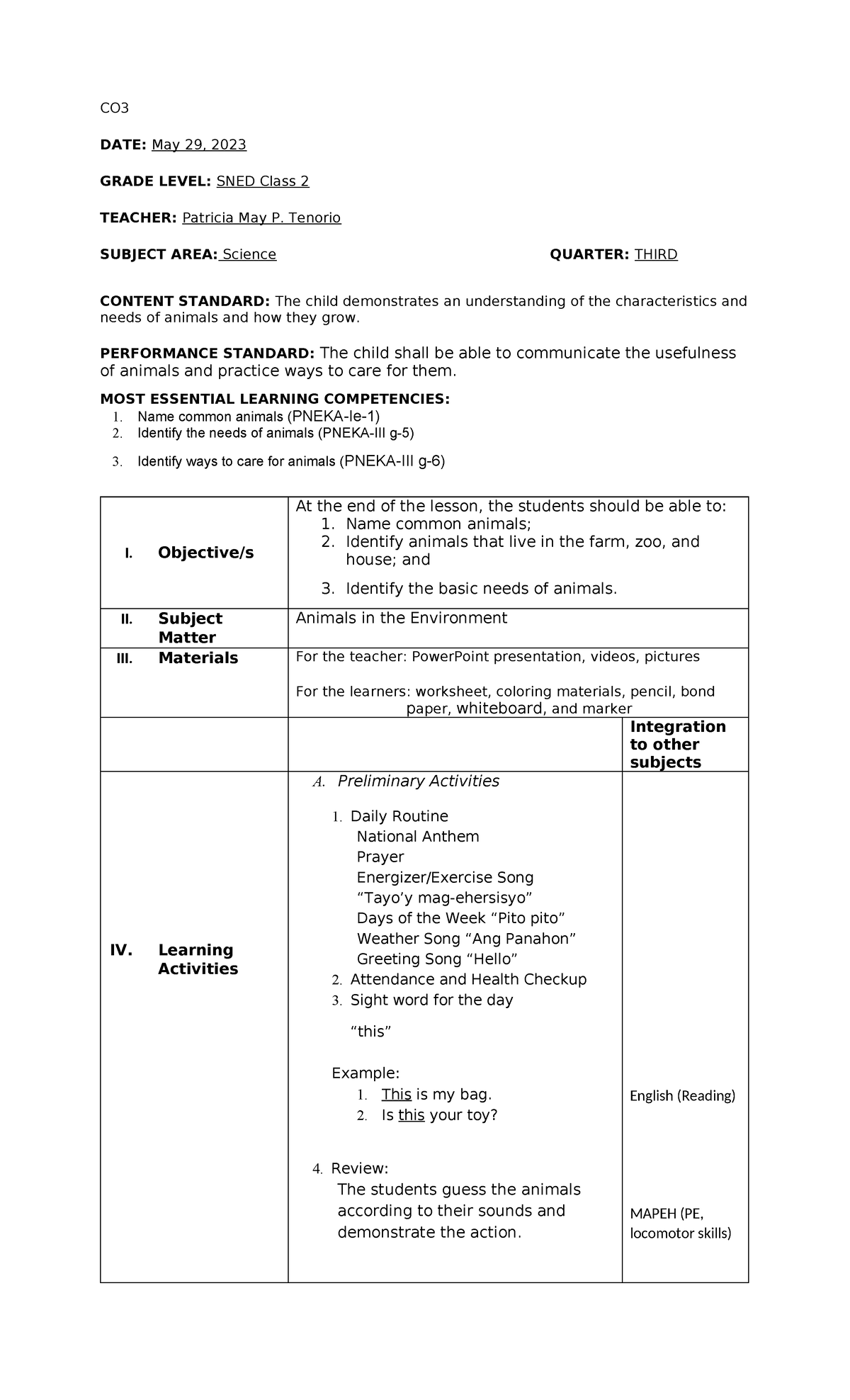 CO3 Lesson Plan: Understanding Animal Habitats - SNED Class 2 - Studocu