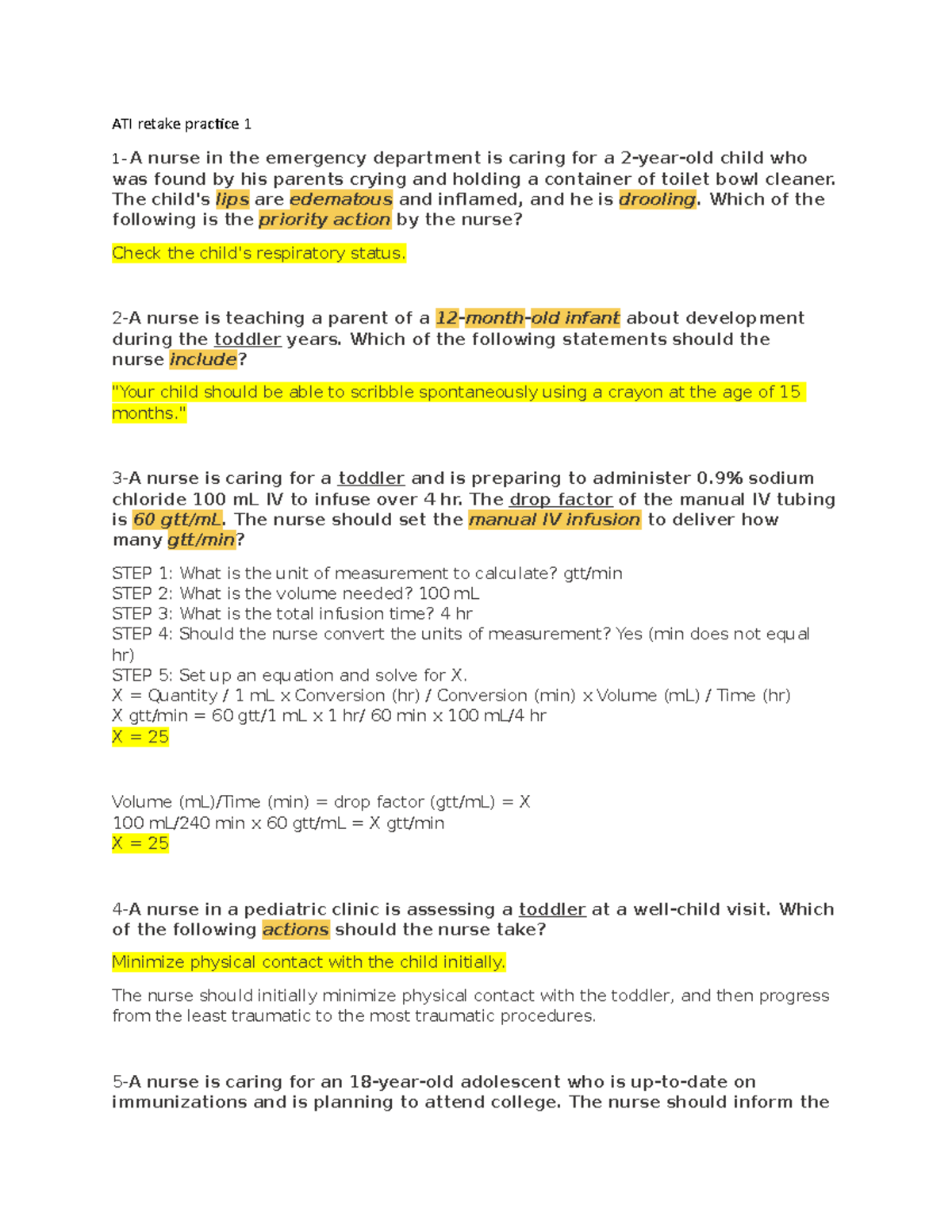 ATI Retake Practice 1 - Pediatric Nursing Possible Questions - Studocu