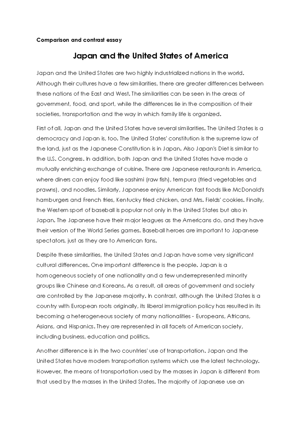 Comparison and contrast essay Block organization Japan and USA ...
