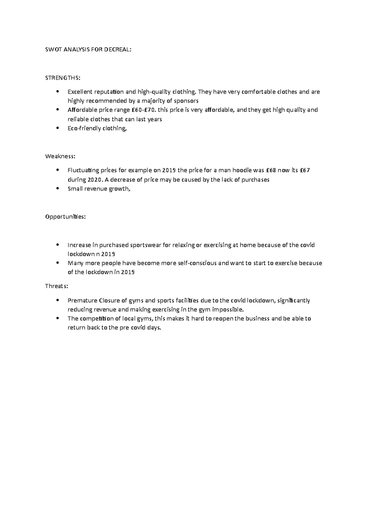 SWOT Analysis FOR Decreal - SWOT ANALYSIS FOR DECREAL: STRENGTHS ...
