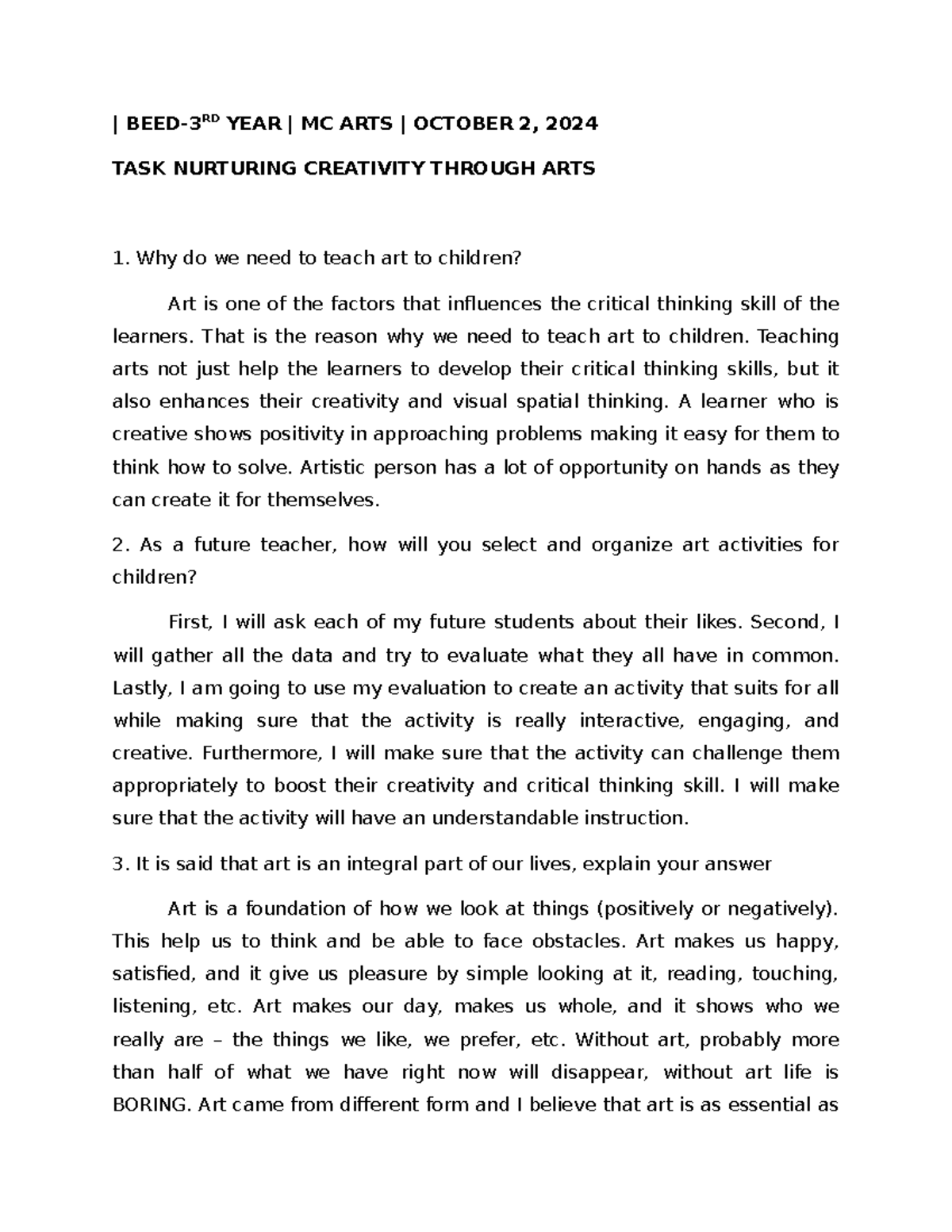 BEED-3RD YEAR: Creativity Nurturing Through Arts - Sample Essays & Qs ...