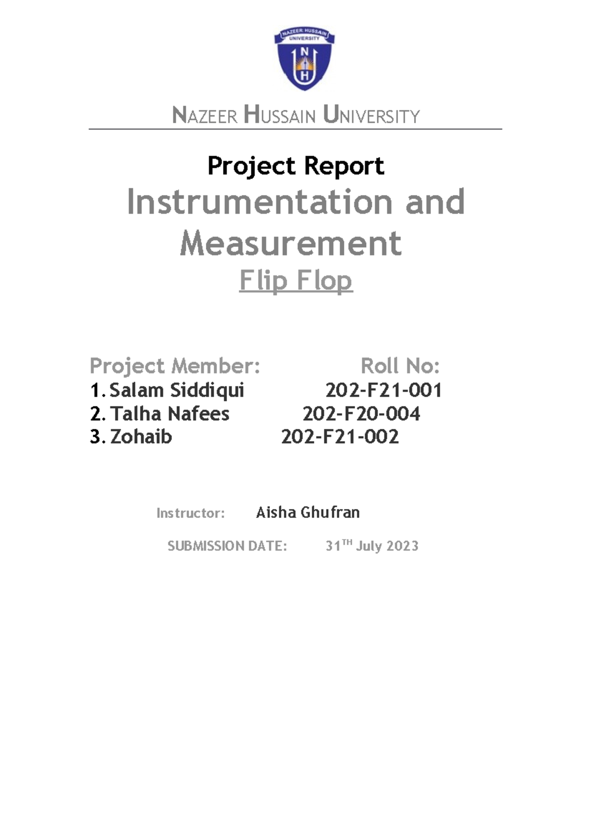 Project report sample flip flop - NAZEER HUSSAIN UNIVERSITY Project ...