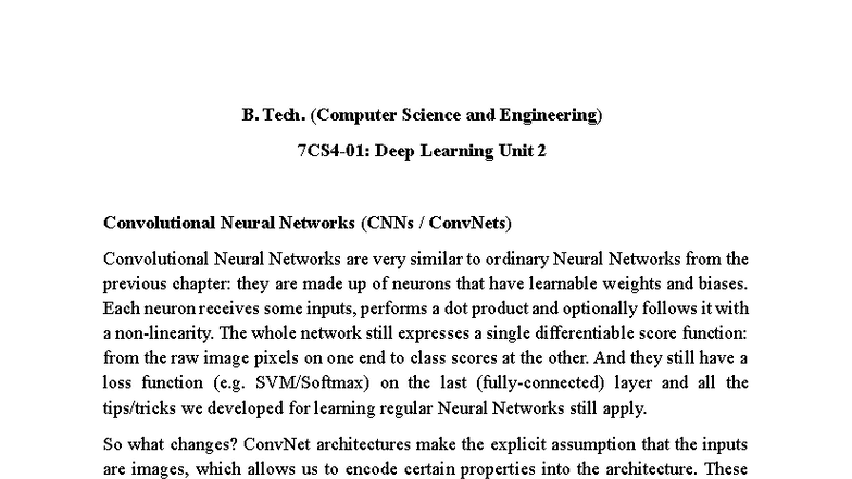 B. Tech. CSE Deep Learning Unit 2: Convolutional Neural Networks (CNNs) - Studocu