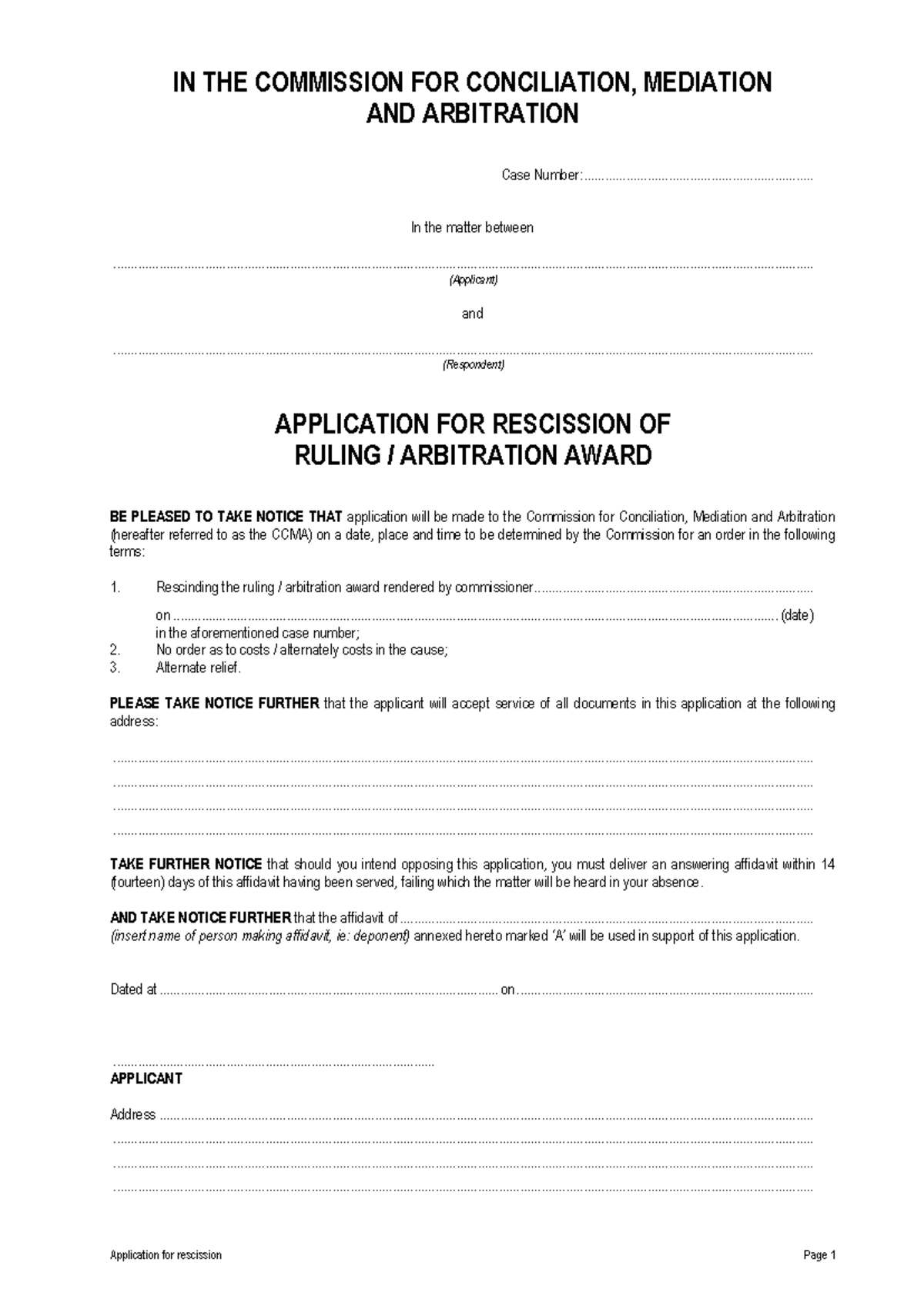 Application for Rescission of Ruling or Award - CCMA Example Form - Studocu