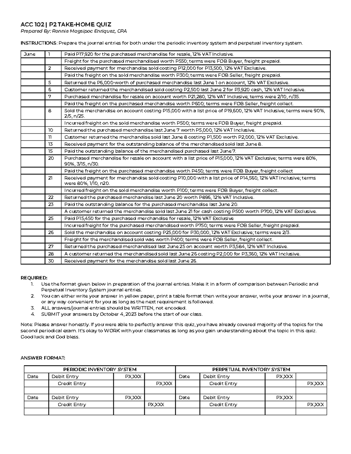 ACC 102 P2 TAKE HOME QUIZ: Journal Entries for Inventory Systems - Studocu