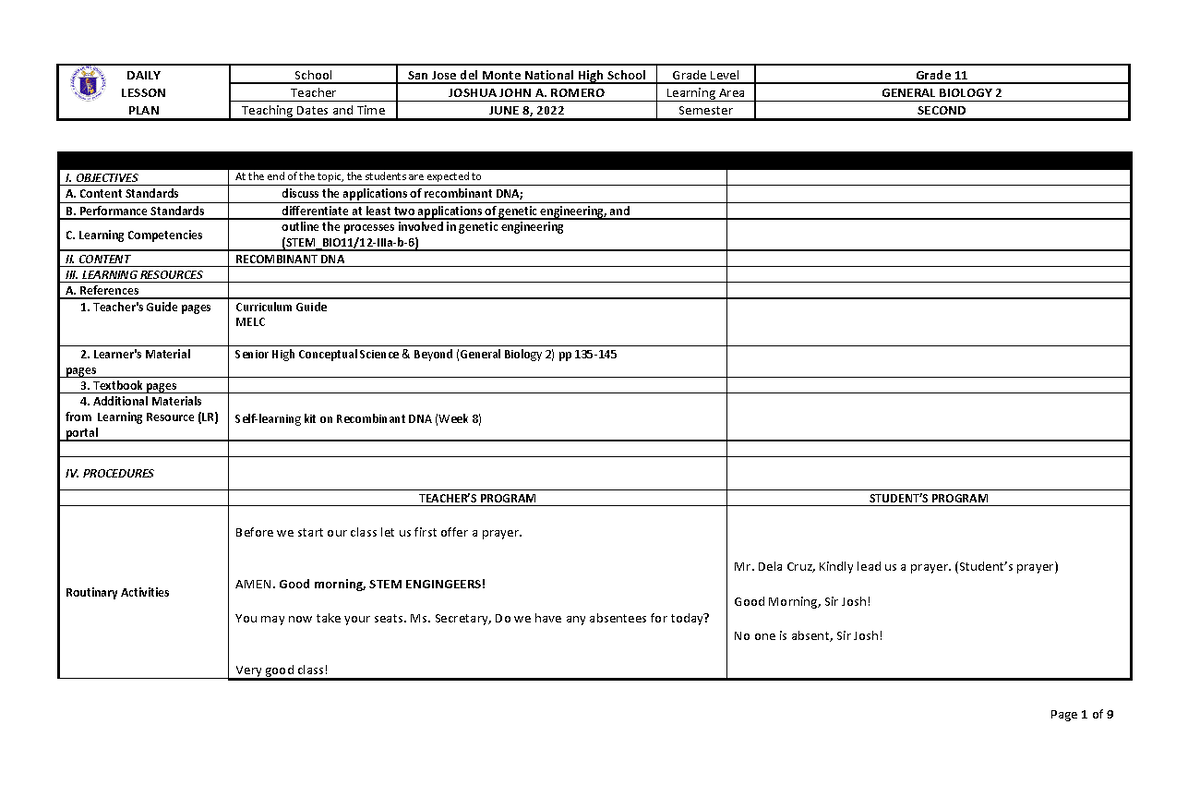 DLP: Lesson Plan on Recombinant DNA (STEM_BIO11/12-IIIa-b-6) - Studocu