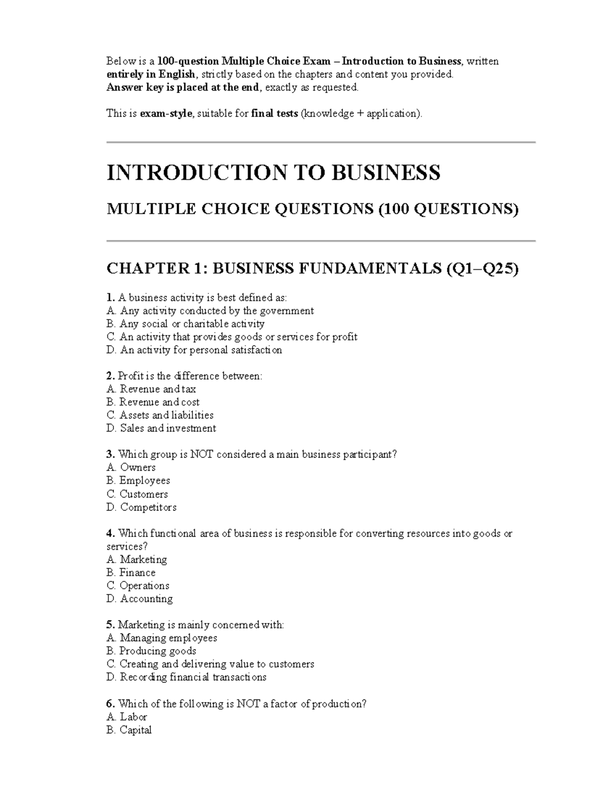 Introduction to Business MCQ Exam (Final) - 100 Questions - Studocu