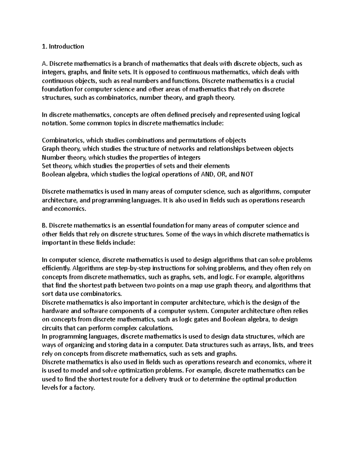 Discrete Mathematics - Introduction A. Discrete mathematics is a branch ...