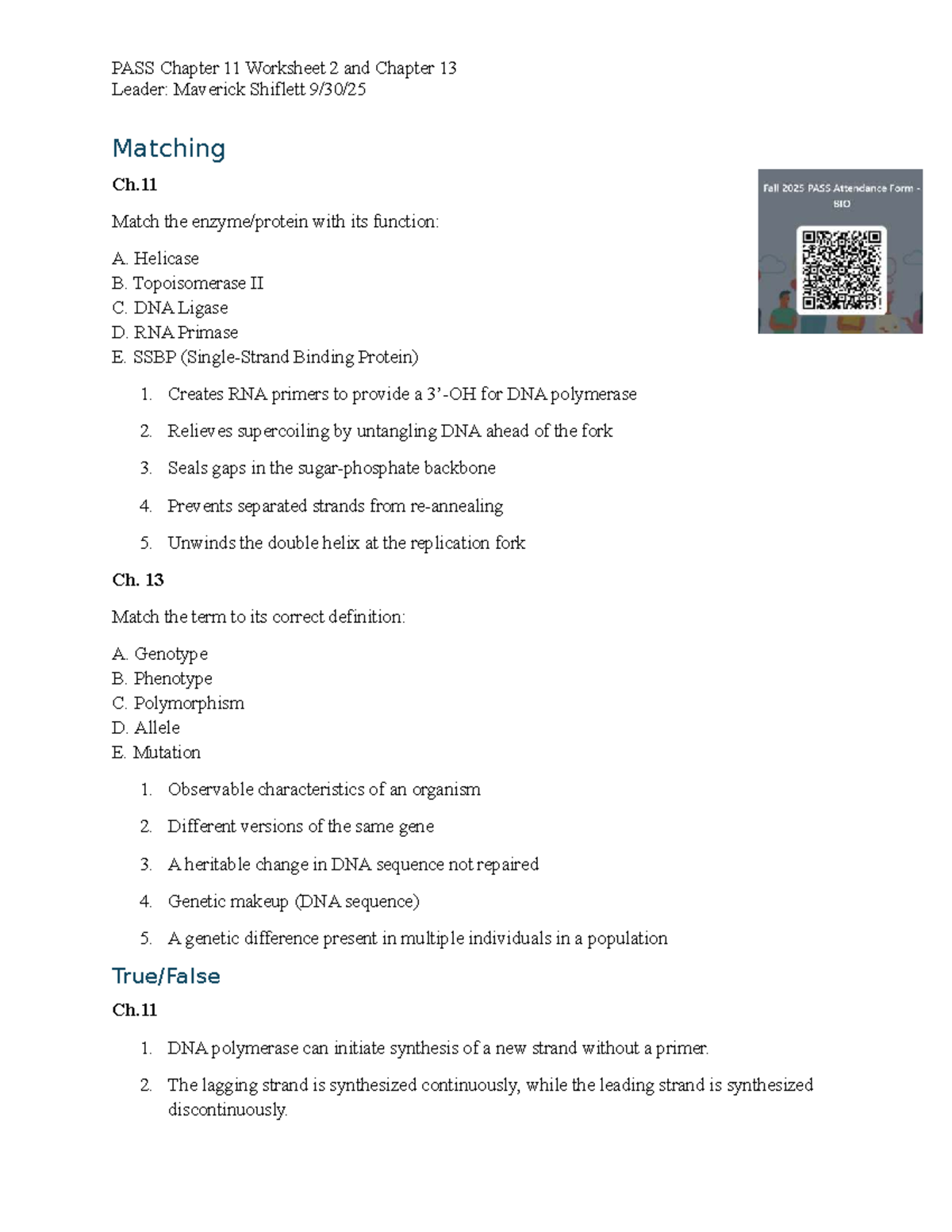 PASS Ch. 11 & 13 DNA Replication and Mutation Concepts Worksheet - Studocu