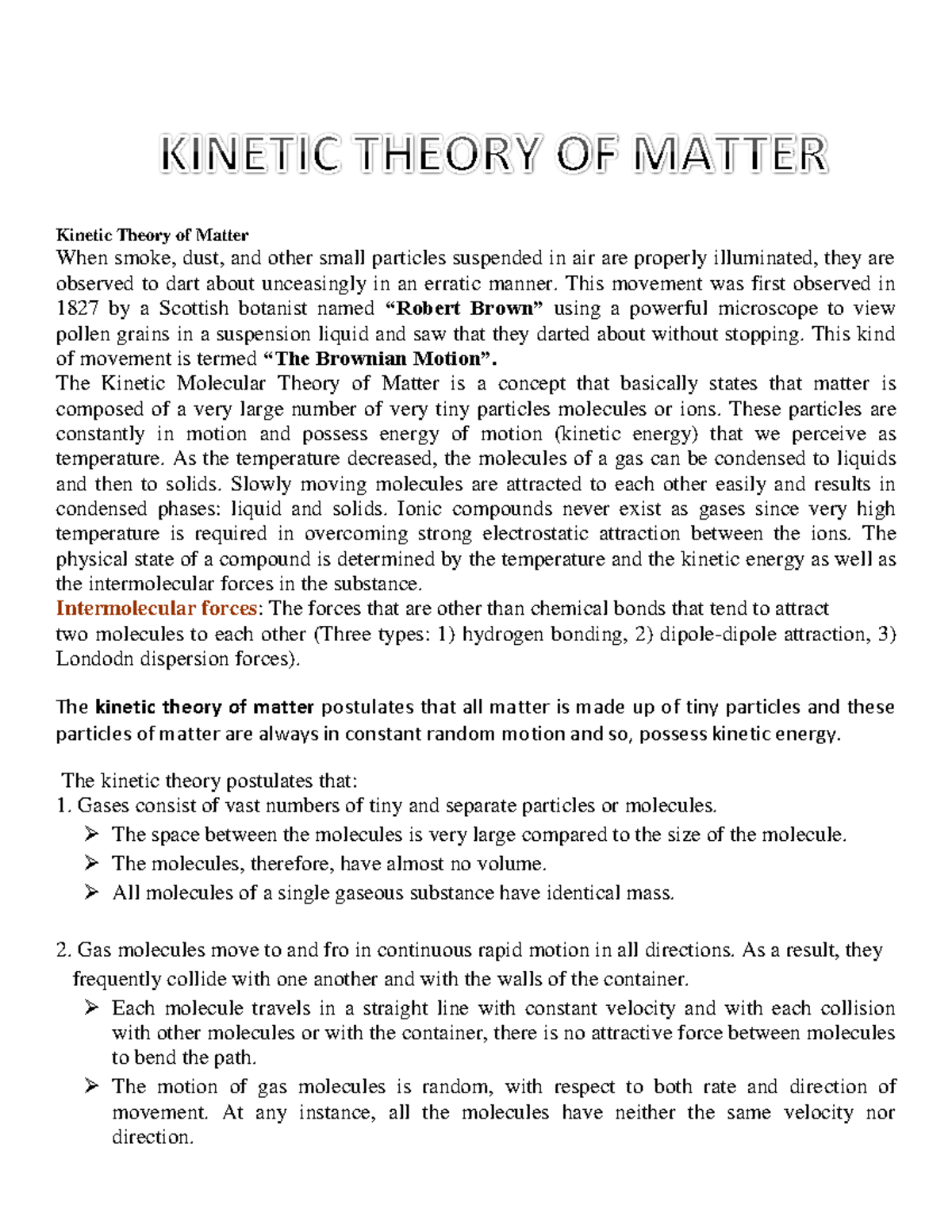 Kinetic Theory OF Matter-1 - Kinetic Theory of Matter When smoke, dust ...