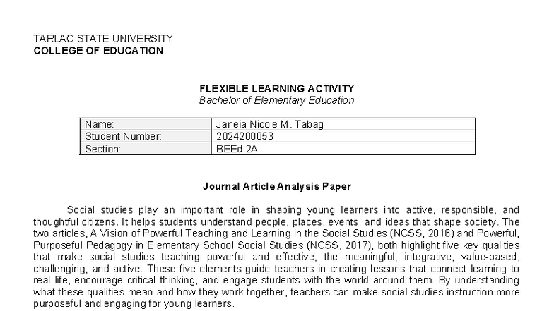 BEEd 2A Journal Article Analysis: Social Studies Teaching Insights ...