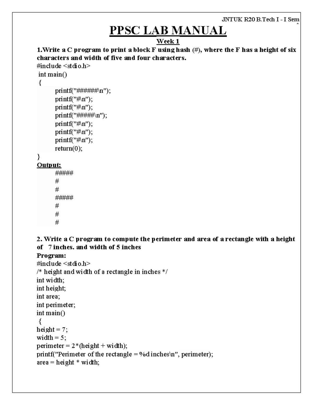 JNTUK R20 B.Tech I I Sem1 PPSC LAB MANUAL - Week 1 Programming Tasks ...