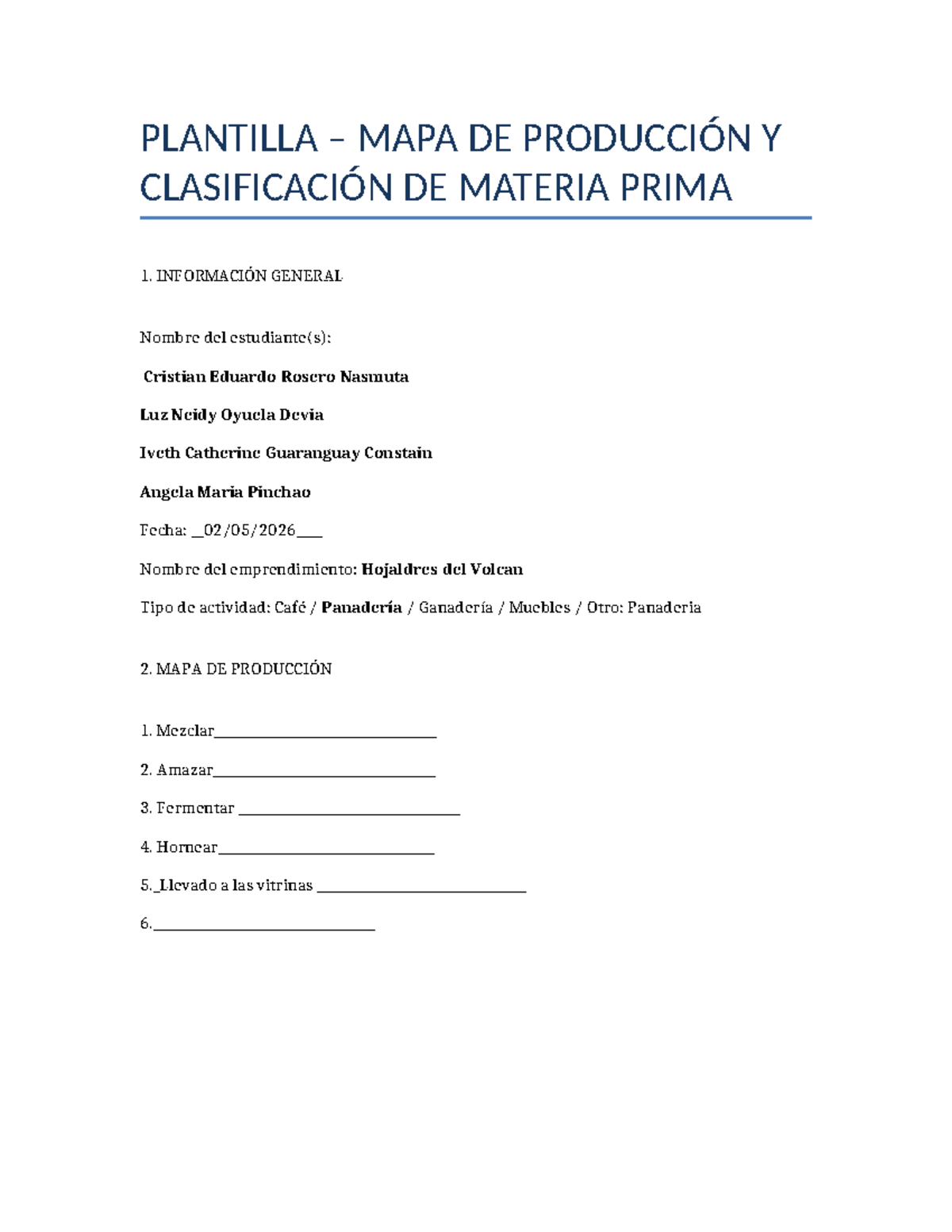 Formato Mapa de Producción y Clasificación de Materia Prima MP 2 - Studocu