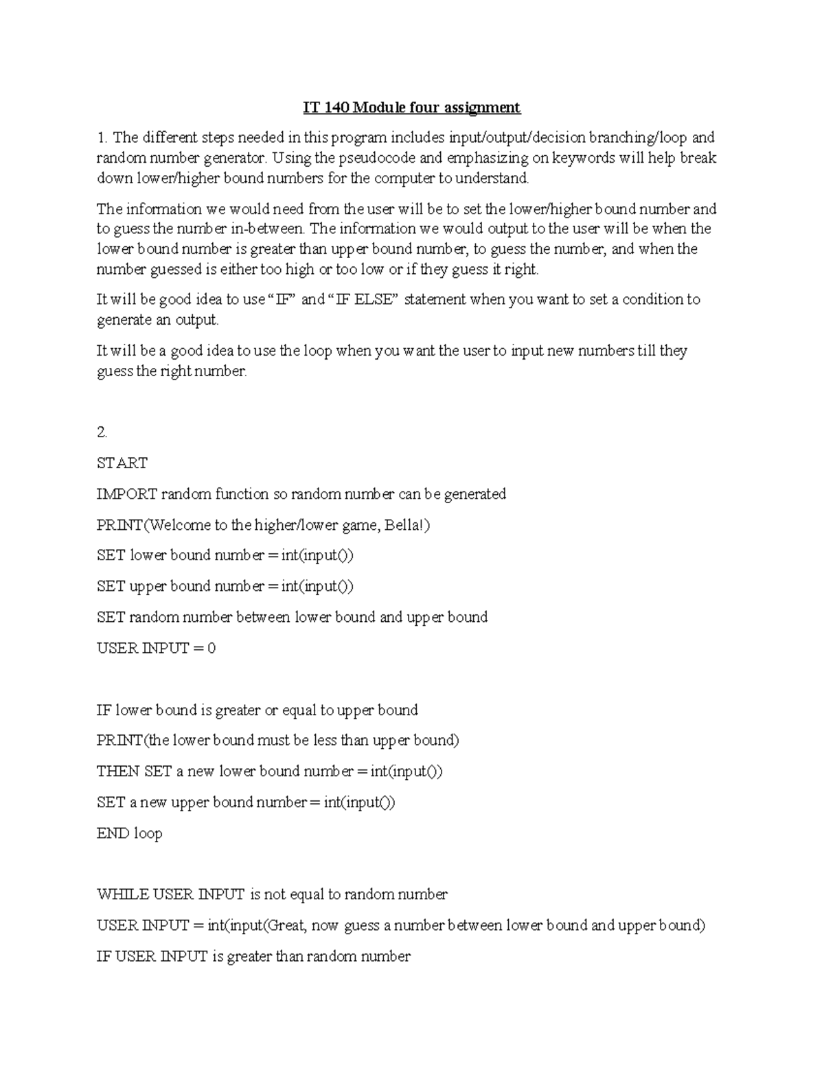IT 140 Module 4 Assignment: Number Guessing Game Logic and Pseudocode - Studocu