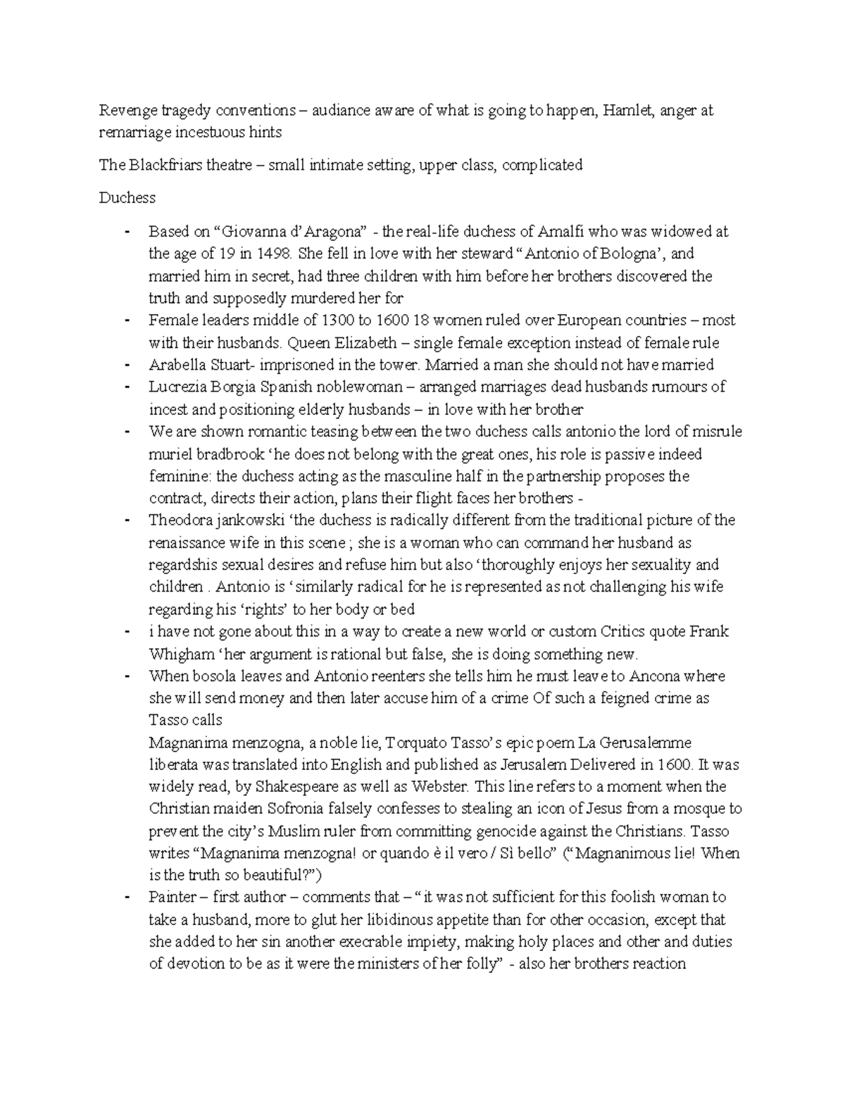 The Duchess of Malfi: Contextual Analysis and Tragic Conventions - Studocu