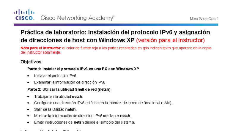 Laboratorio 0.0.0.2: Instalación del Protocolo IPv6 en Windows XP - Studocu
