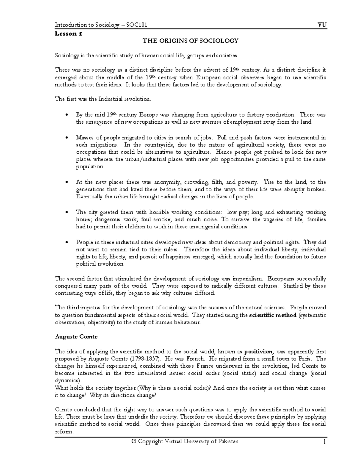 Introduction to Sociology SOC101 Lesson 1: The Origins of Sociology ...